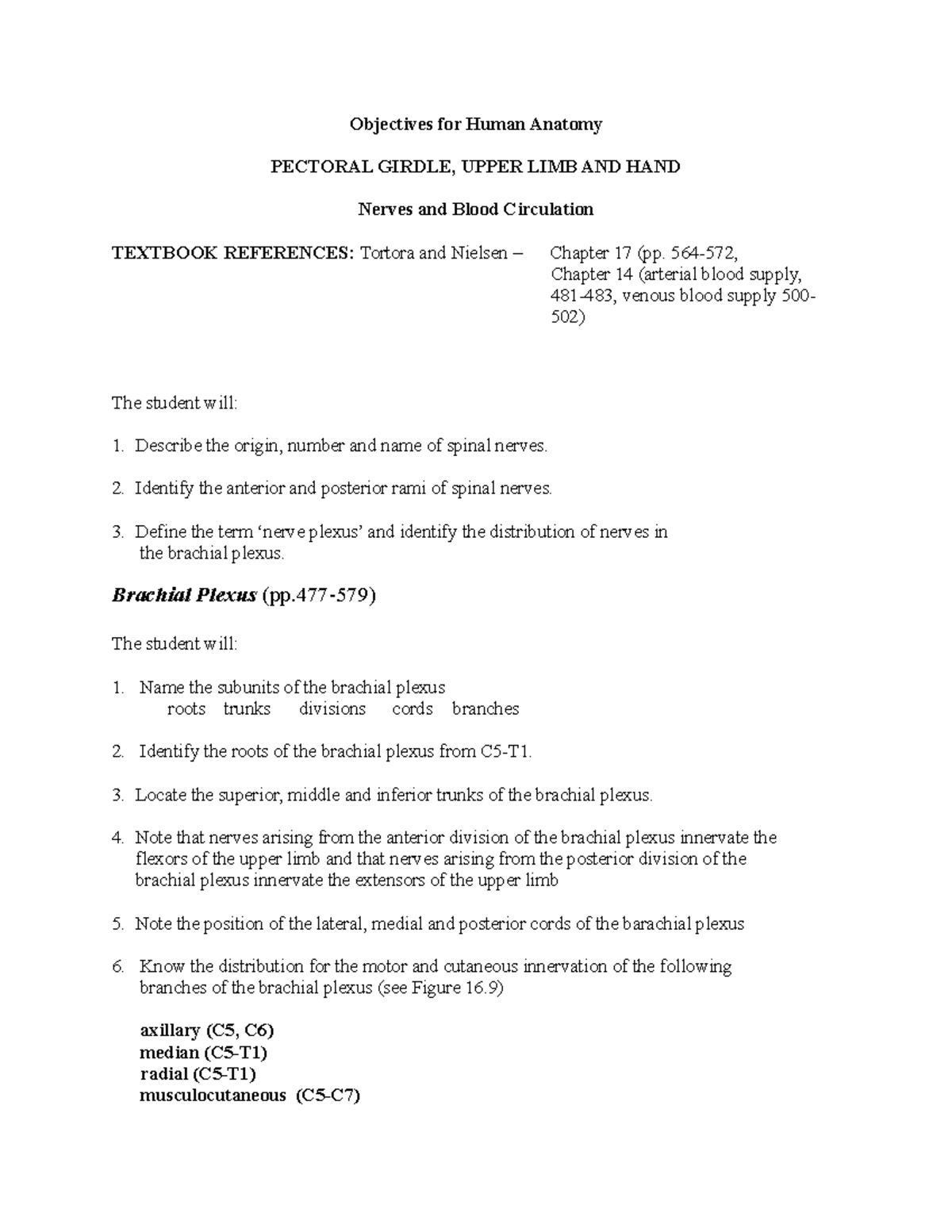 Chapt.-8-Upper limb and hand (innervation circulation) - Objectives for ...