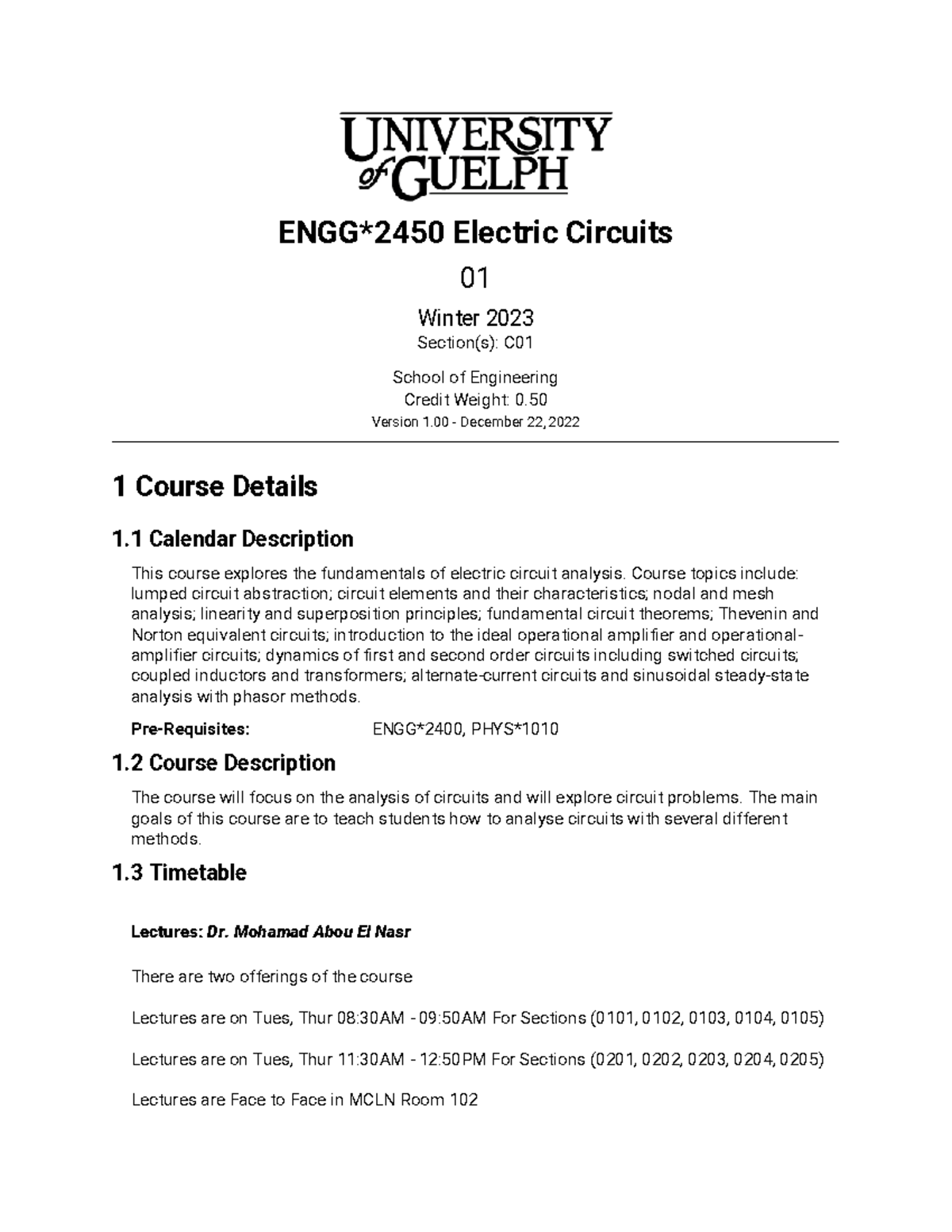 ENGG 2450 course outline W23 - ENGG*2450 Electric Circuits 01 Winter ...