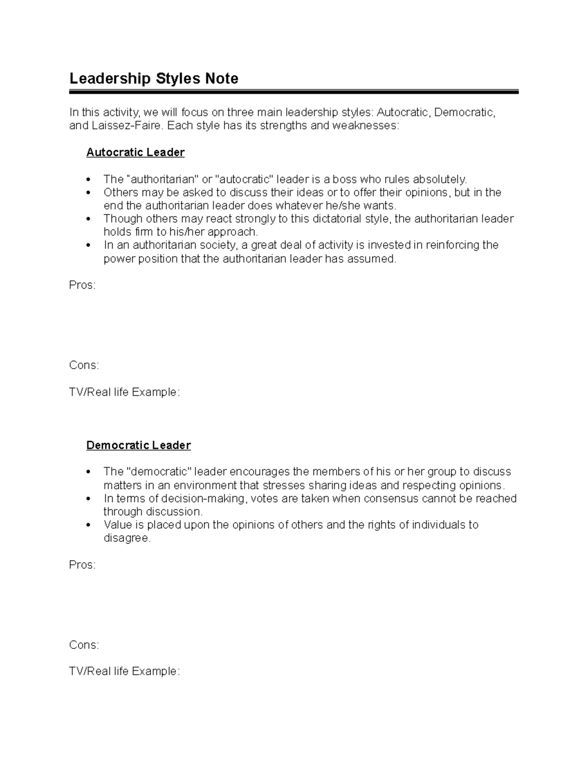 10b - Comprehensive notes from Mr. Zapfe - Leadership Styles Note In ...