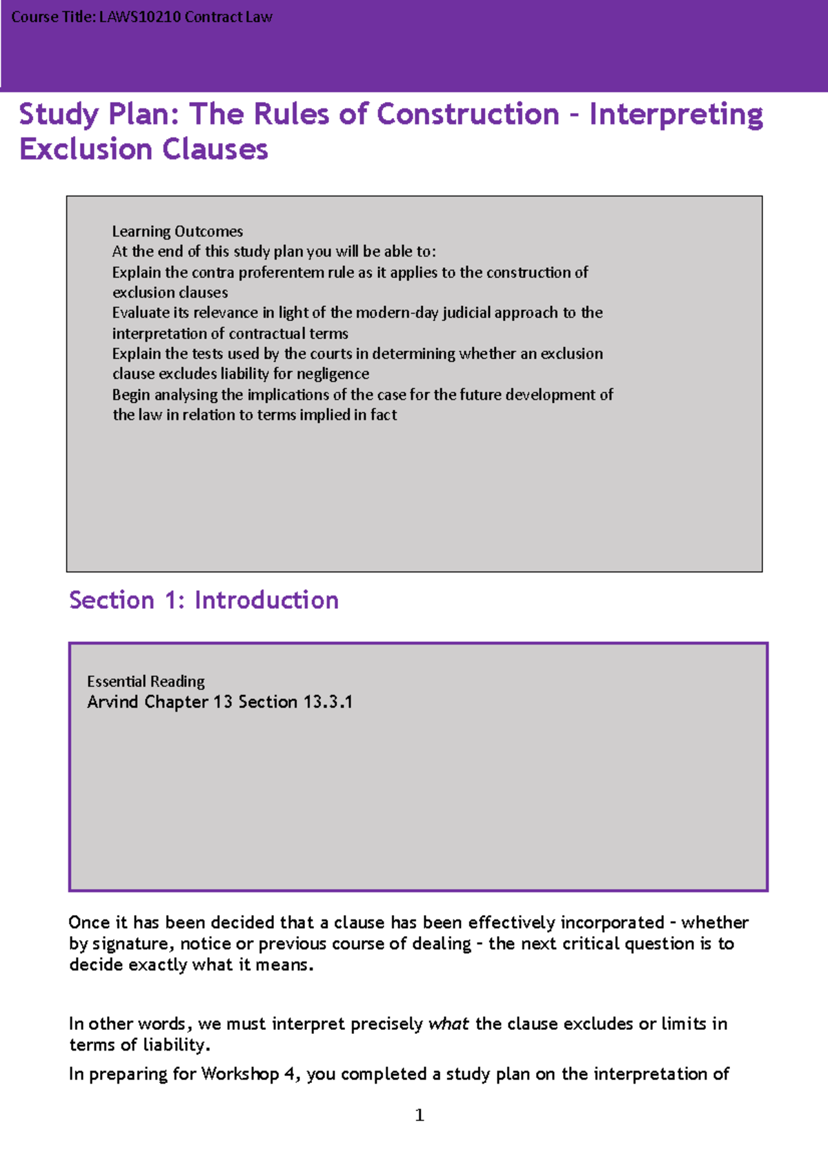 Study Plan - Exclusion Clauses and the Rules of Construction - Course ...