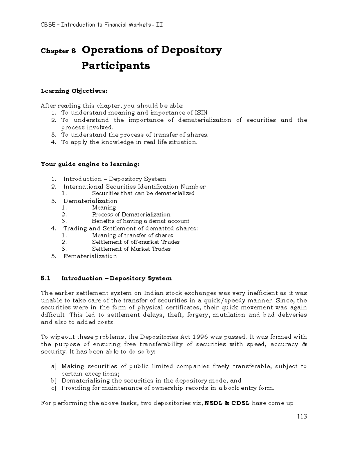 FMM II Chapter 8 - Raw notes - Chapter 8 Operations of Depository ...