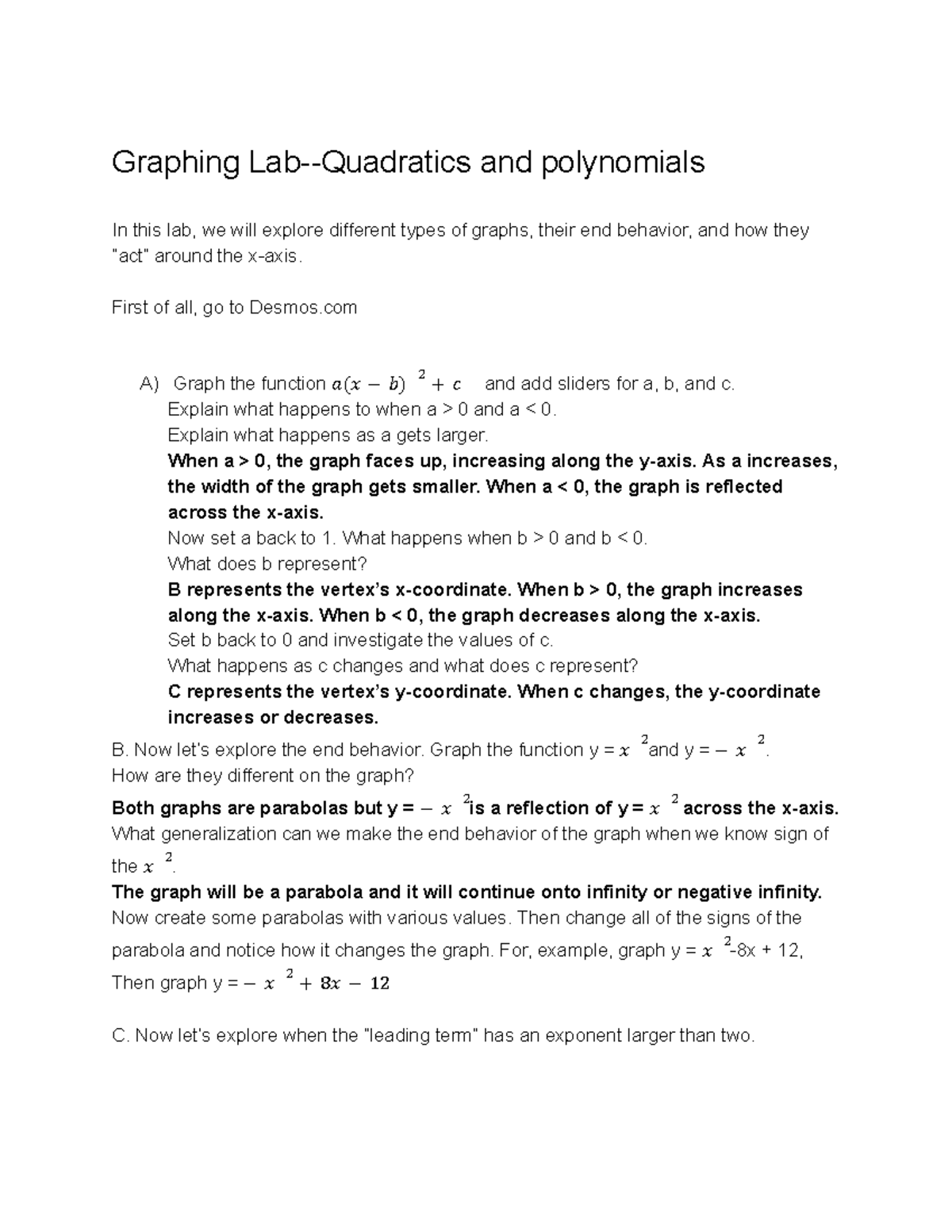 Graphing Lab-Quadratics and polynomials - First of all, go to Desmos A) Graph the functionÿ(𝕥 − ...