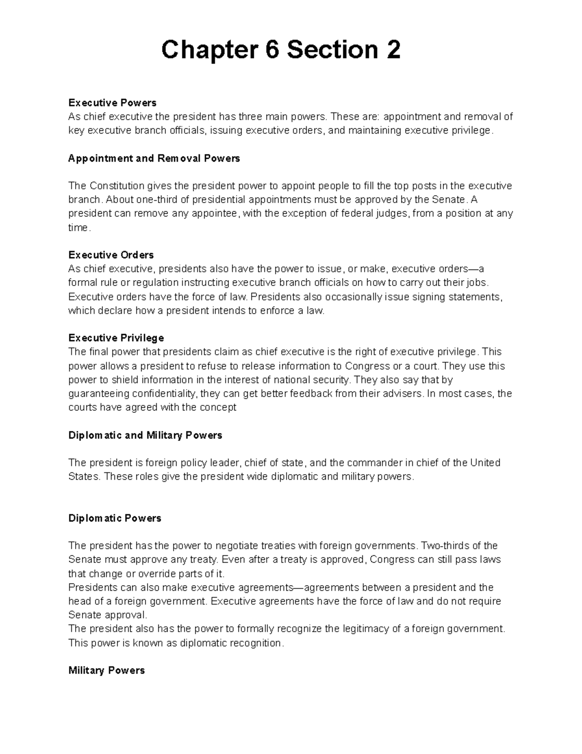 Holt Mcdougal Chapter 6 Section 2 - Executive Powers As chief executive ...