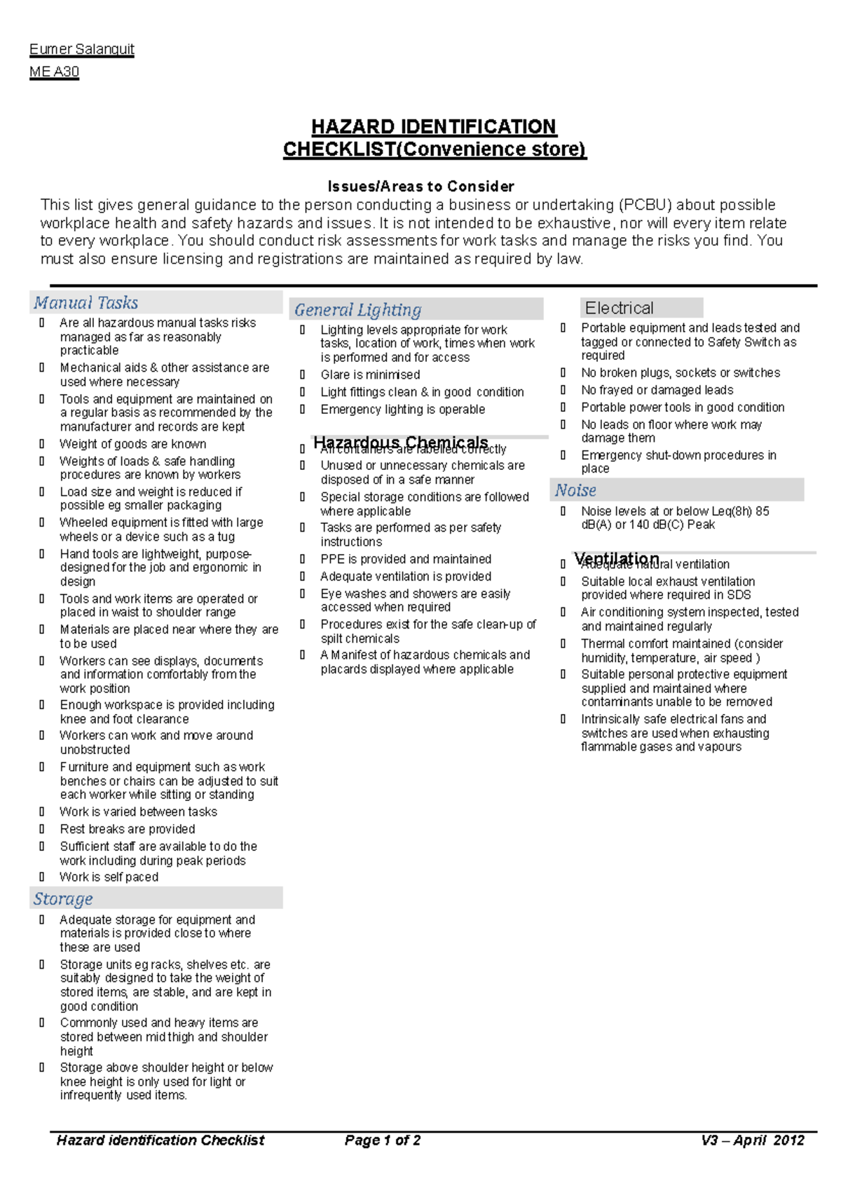 Hazard Assessment Checklist (Cal-OSHA) - Eumer Salanguit ME A HAZARD ...