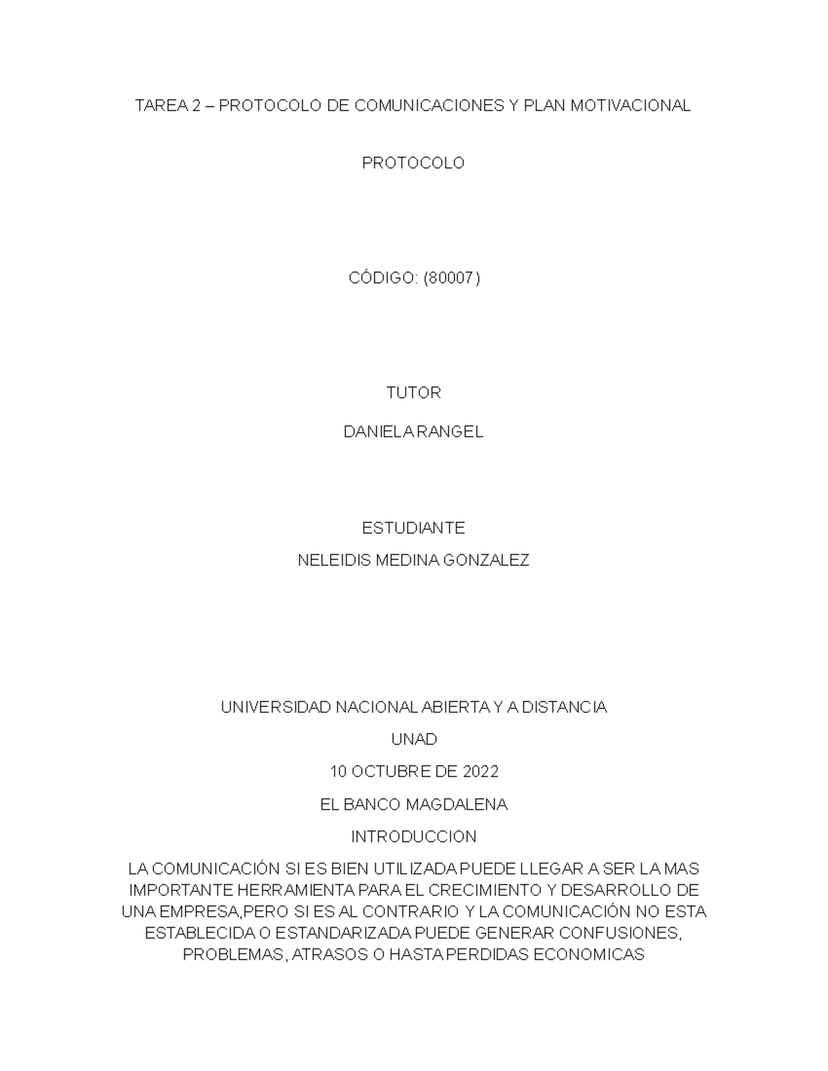 Tarea 2 Protocolo - TAREA 2 – PROTOCOLO DE COMUNICACIONES Y PLAN MOTIVACIONAL PROTOCOLO CÓDIGO ...