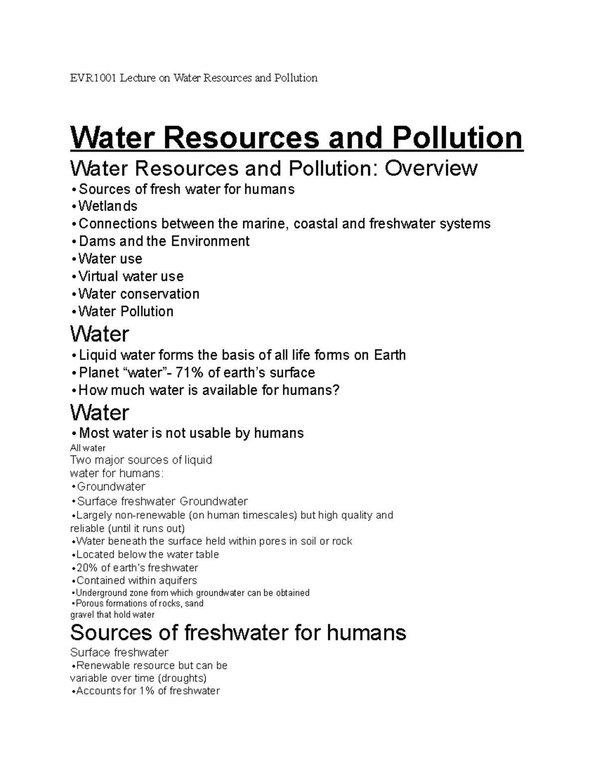EVR1001 Lecture on Water Resources and Pollution - Sources of ...