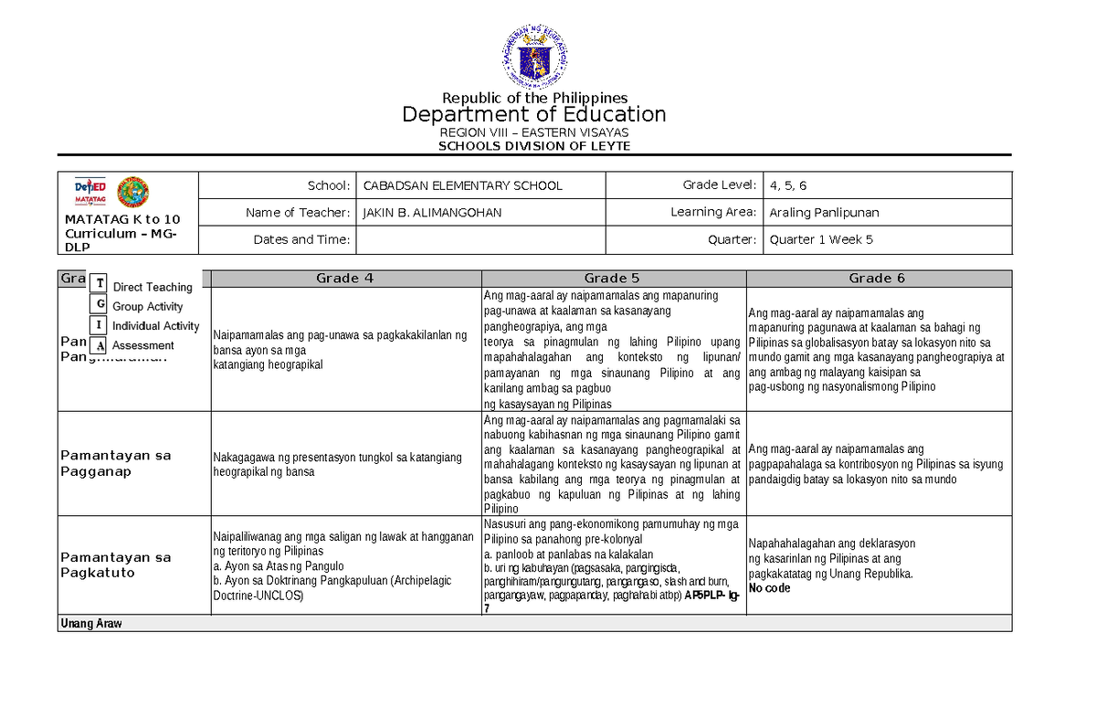 MG LP AP 4,5,6 WEEK 5 - Multigrade Lesson plan - o. v io Republic of ...