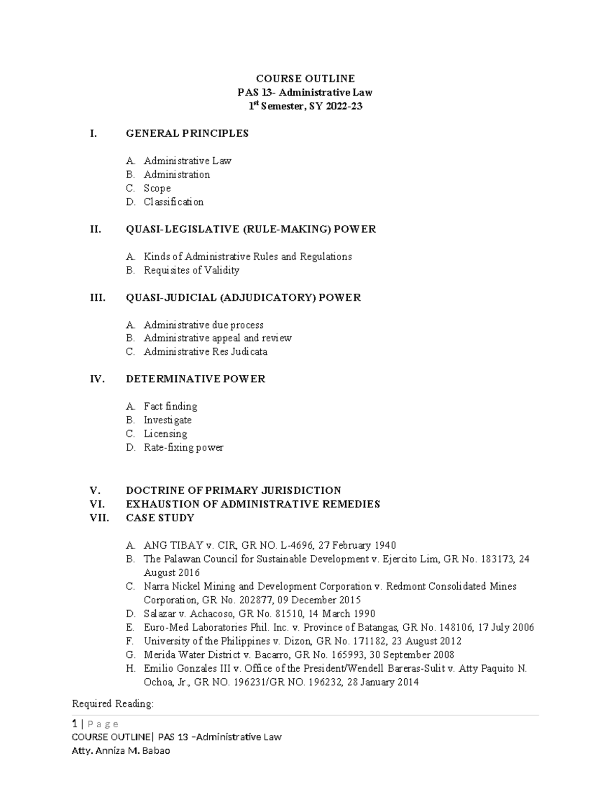 PAS-13- Admin-LAW Course- Outline - COURSE OUTLINE PAS 13 ...