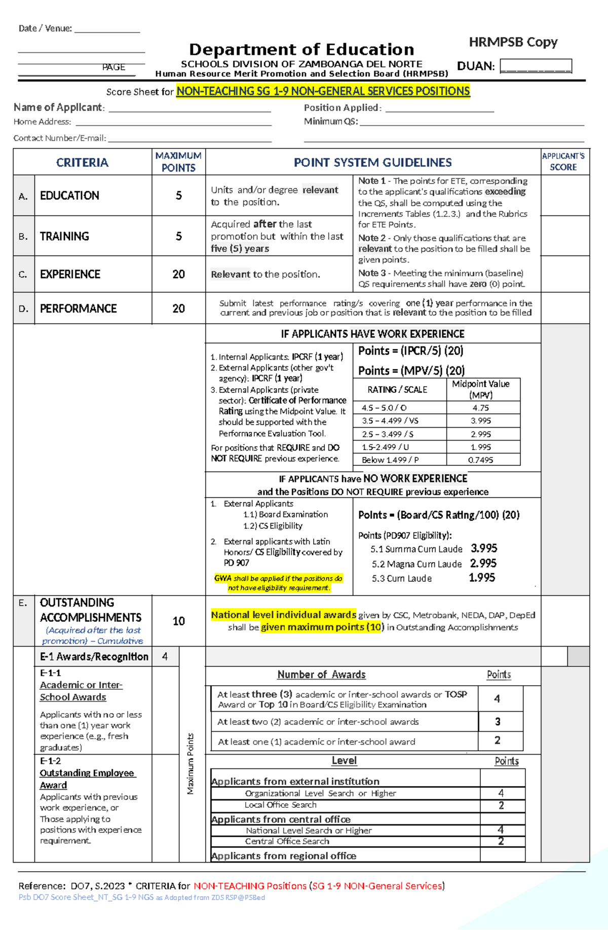 DO7-Score-Sheet NT SG-1-9-NGS-ZN - HRMPSB Copy DUAN: _____________ Date ...