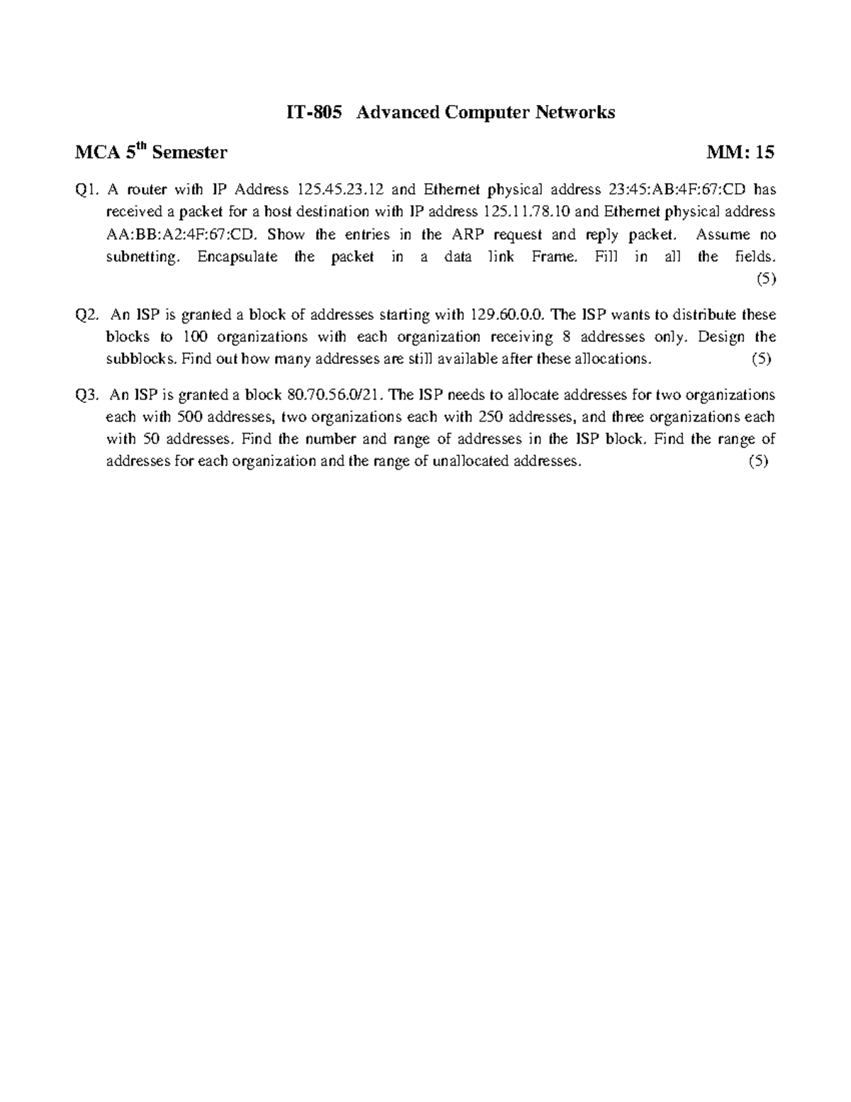 Exam 14 September 2018 Questions Advanced Computer Networks MCA 5th 