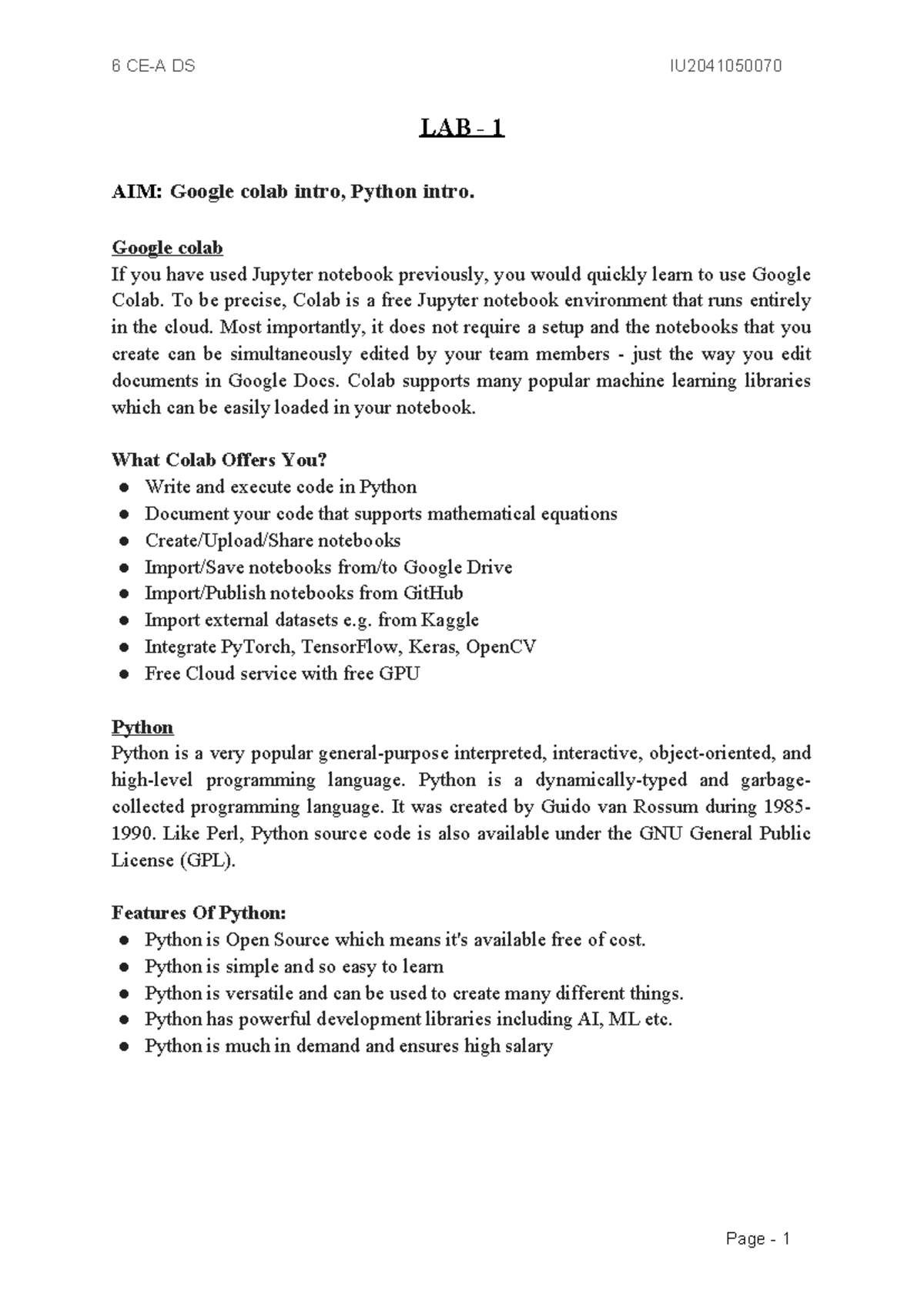 IU2041050070 Nishmehta - LAB - 1 AIM: Google colab intro, Python intro. Google colab If you have ...