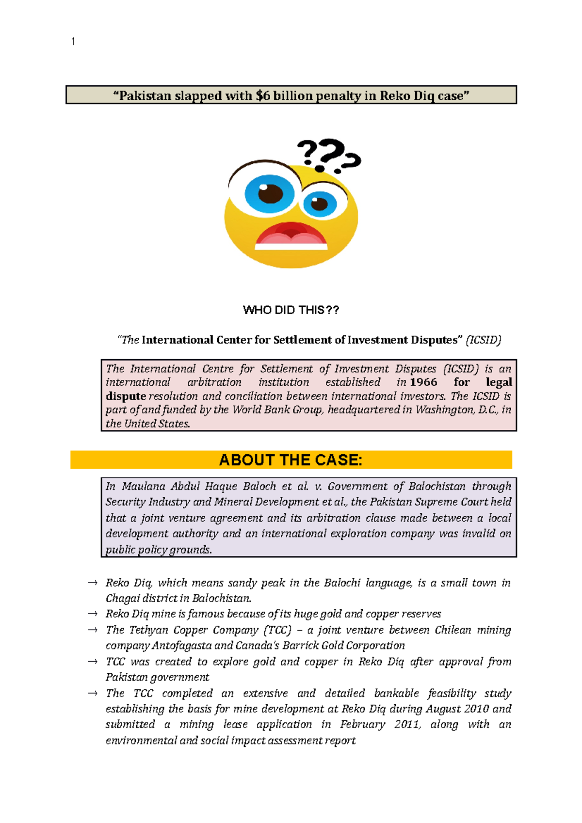 Reko Diq case assignment - “Pakistan slapped with $6 billion penalty in Reko Diq case” WHO DID ...