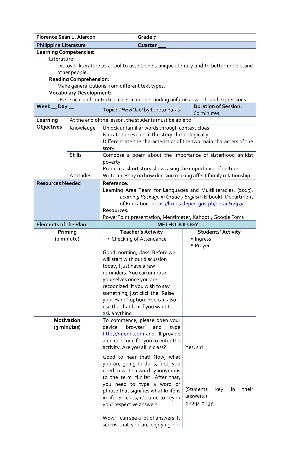 The Bolo Lesson Plan (Florence Sean Alarcon) - Florence Sean L. Alarcon ...