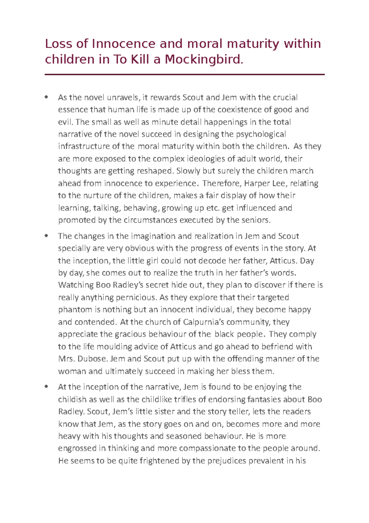 Loss of Innocence - To Kill a Mockingbird - Loss of Innocence and moral ...