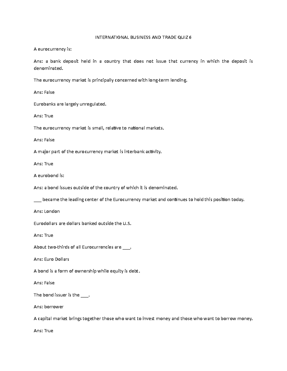 IBT QUIZ 6 - International Business and Trade - INTERNATIONAL BUSINESS ...