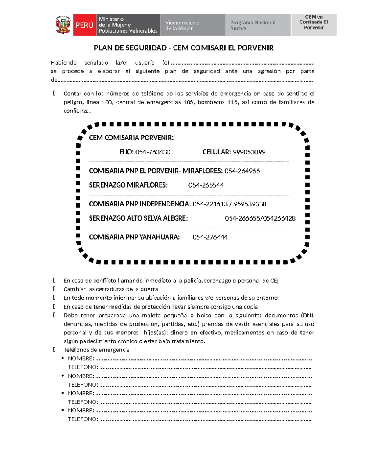 PLAN DE Seguridad - CEM en Comisaria El Porvenir PLAN DE SEGURIDAD - CEM COMISARI EL PORVENIR ...