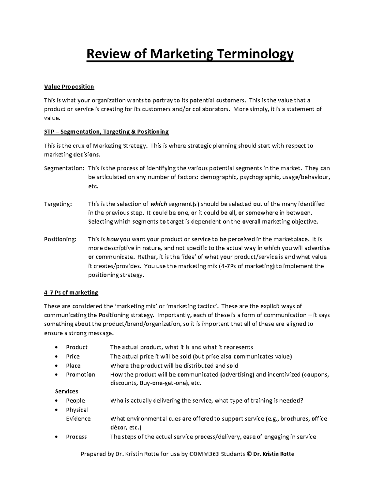 COMM 363 Review of Marketing Terminology - Review of Marketing ...