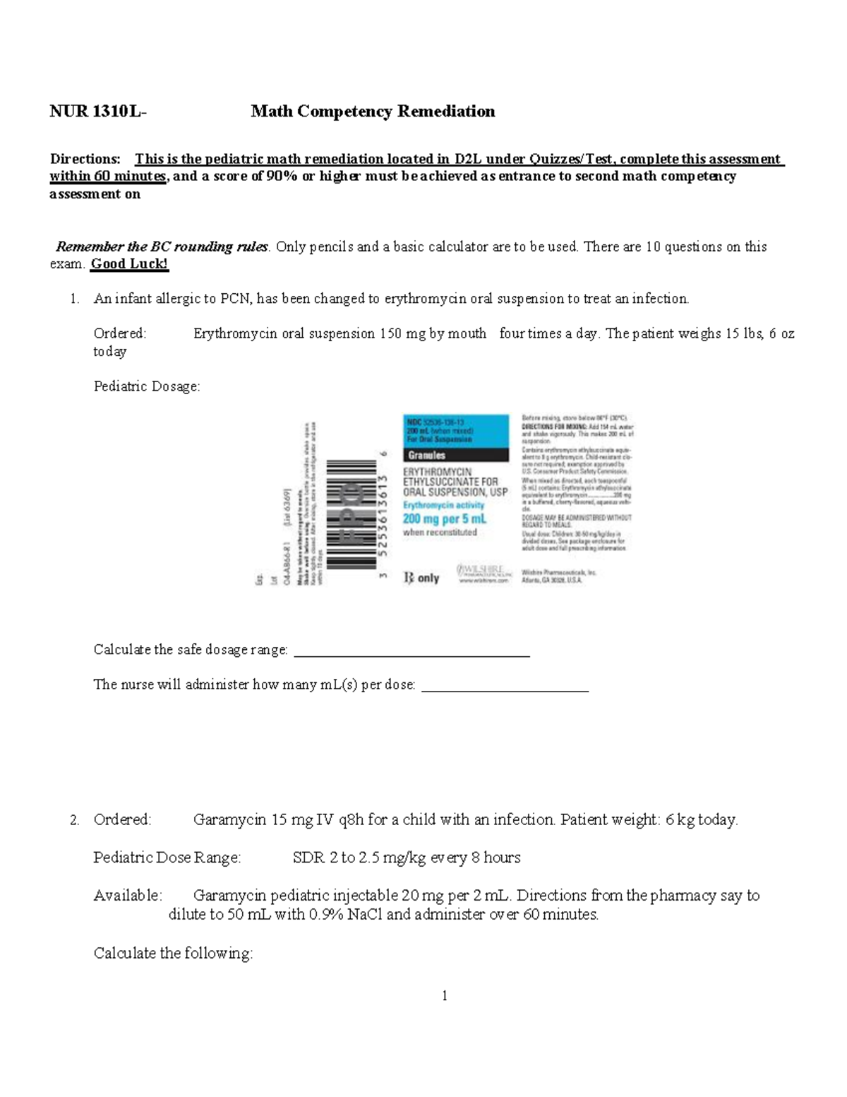 PEDS Practice #3 - NUR 1310L- Math Competency Remediation Directions ...