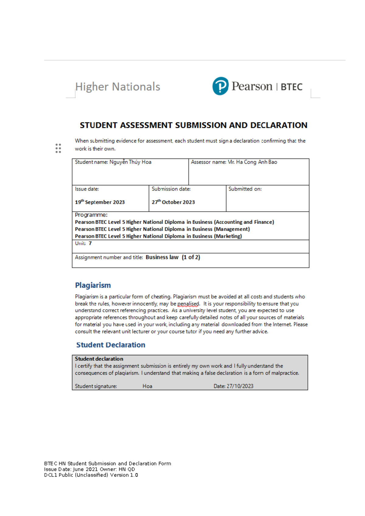 A1 Business Law - BTEC HN Student Submission and Declaration Form Issue Date: June 2021 Owner ...