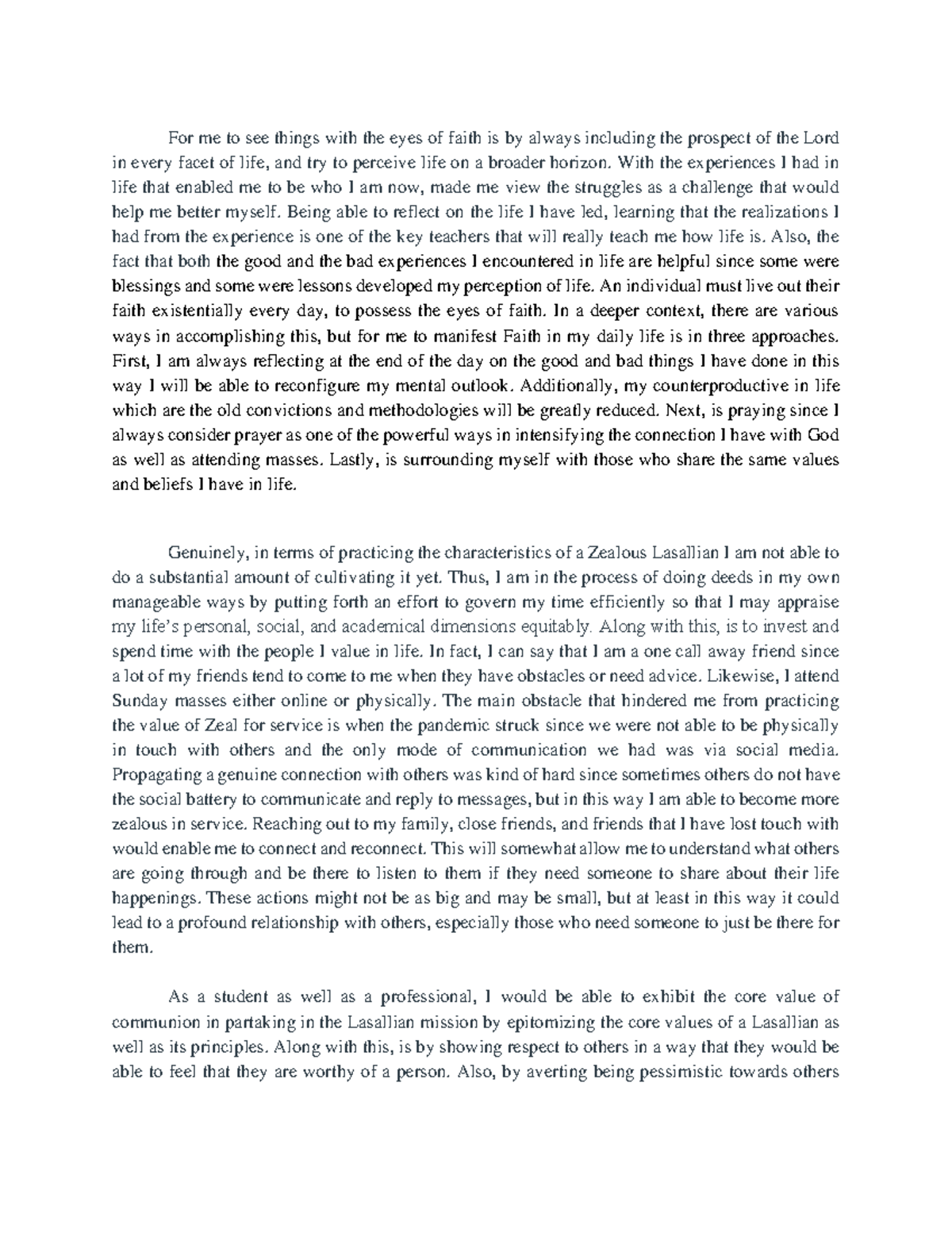 Lasallian Core Value Reflection - For me to see things with the eyes of ...