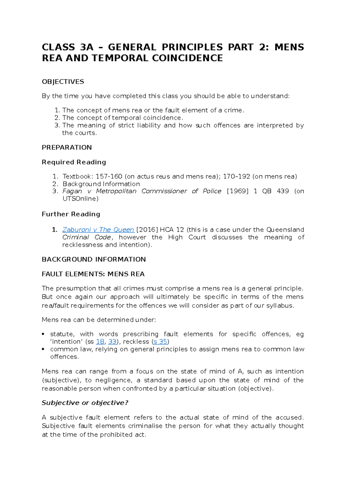 Seminar notes - week 3 - CLASS 3A – GENERAL PRINCIPLES PART 2: MENS REA ...
