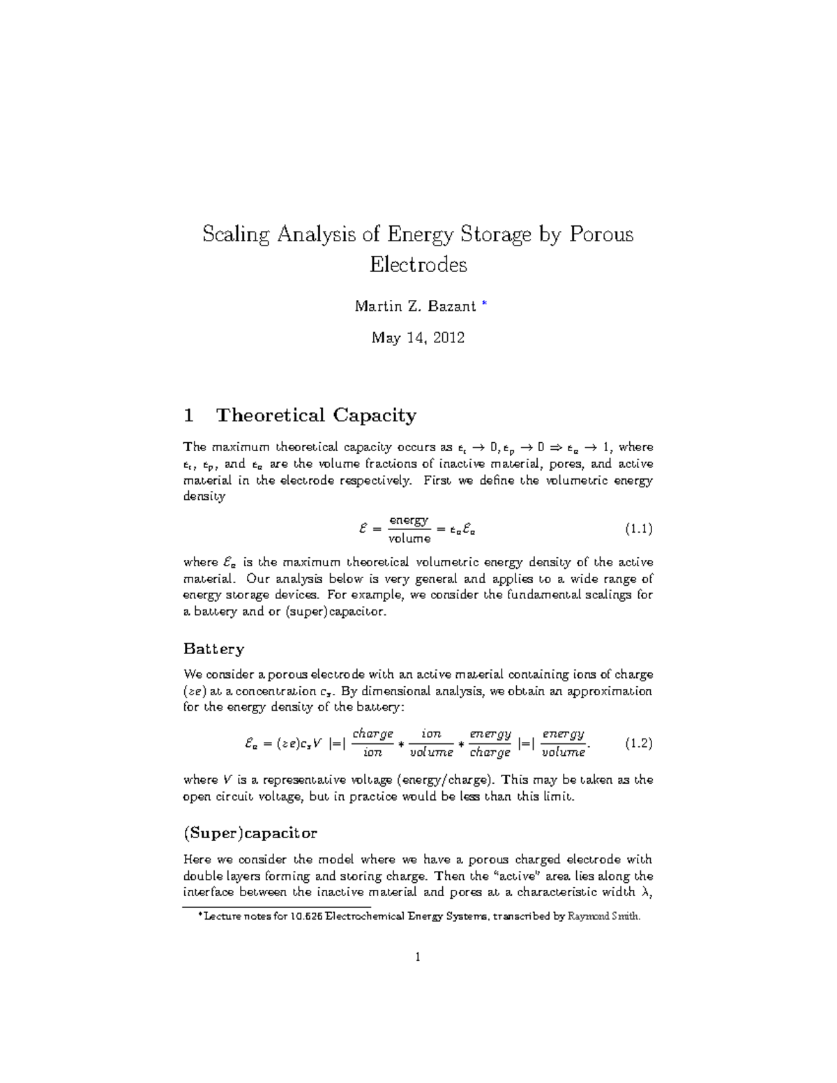 Scaling Analysis of Energy Storage by Porous Electrodes - 1 Scaling Analysis of Energy Storage ...