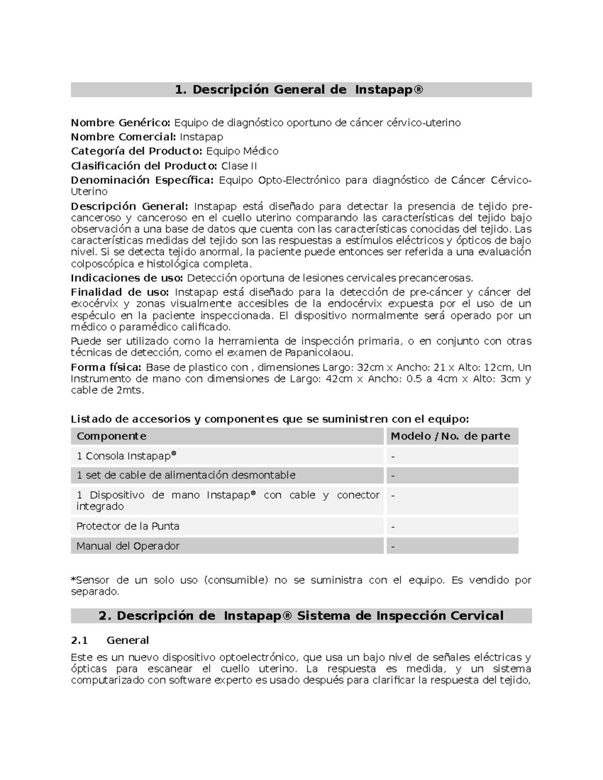 4 Informacion General - 1. Descripción General de Instapap® Nombre ...