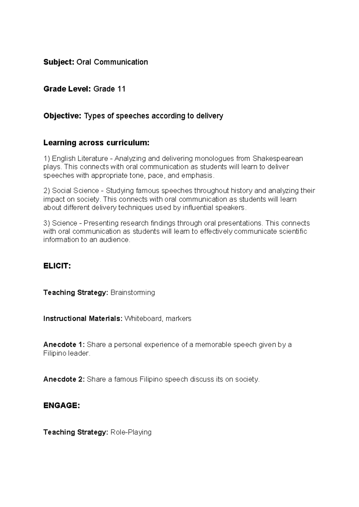Lesson plan - NOTES - Subject: Oral Communication Grade Level: Grade 11 ...