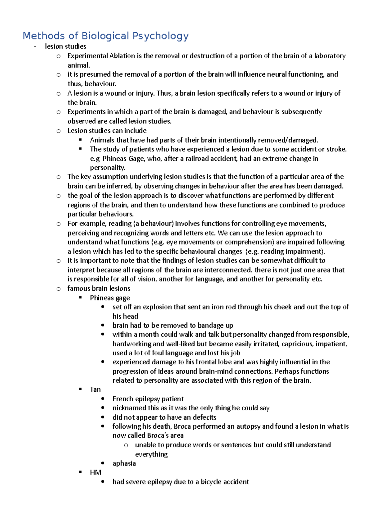 Bio Psych Exam Notes Lecture Summaries For Exams Weeks 5 To 12 Methods Of Biological