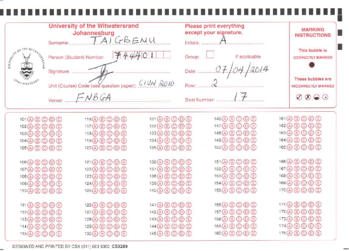 How to fill MCQ sheet - Copy - University of the WItwaterarand Please ...