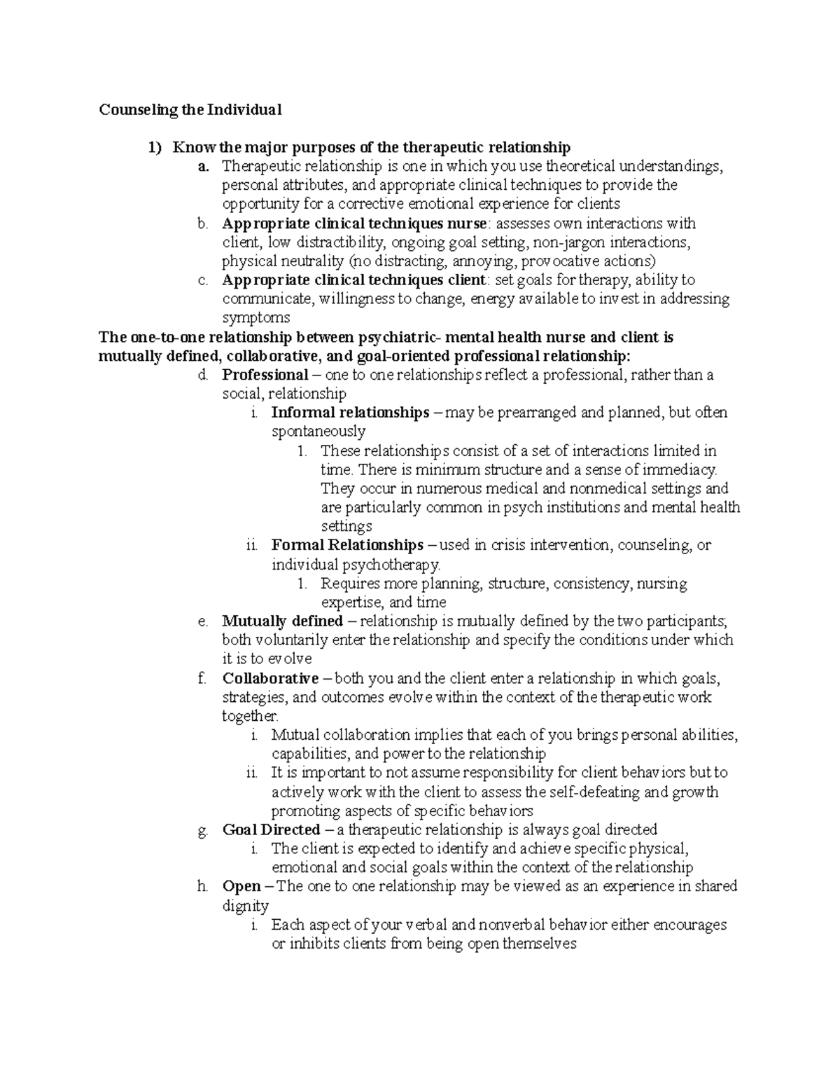 Psych Mental Health - Counseling - Counseling the Individual 1) Know ...
