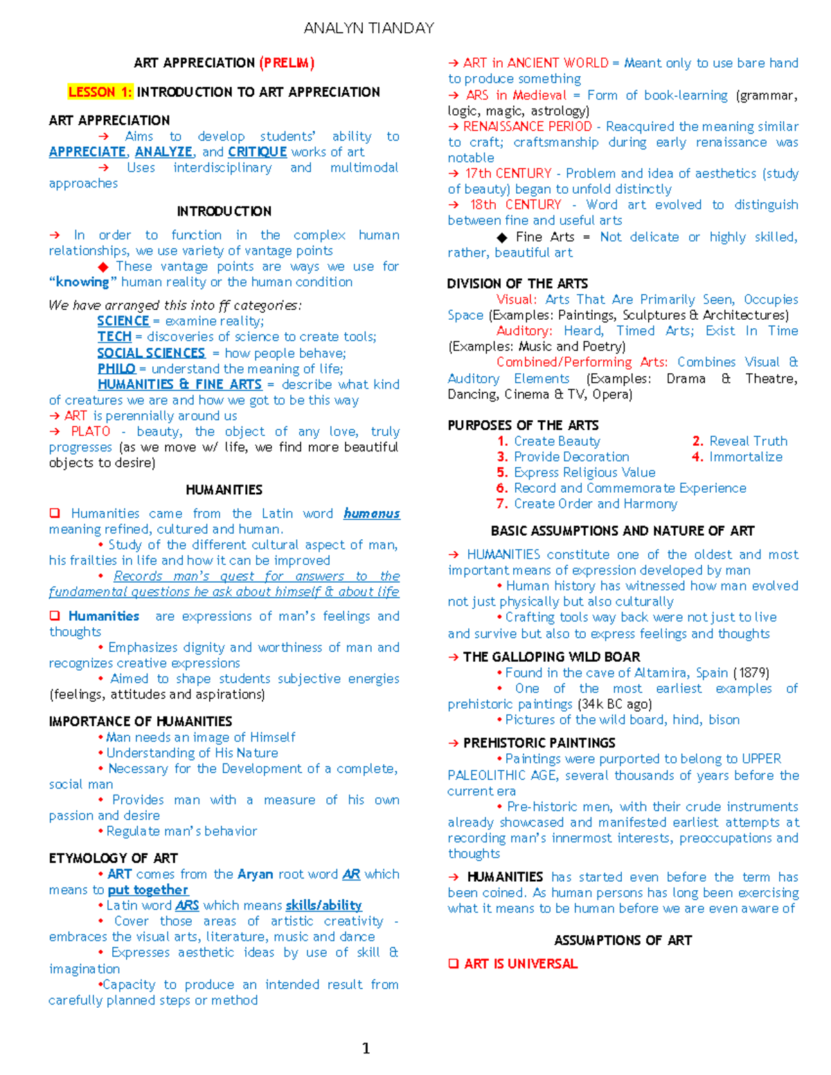 Art Appreciation Reviewer - ART APPRECIATION (PRELIM) LESSON 1 ...