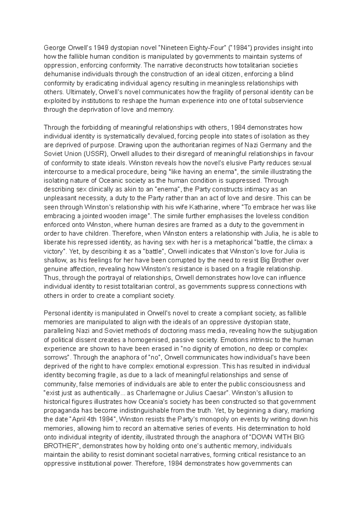 Nineteen Eighty Four Essay - George Orwell’s 1949 dystopian novel ...