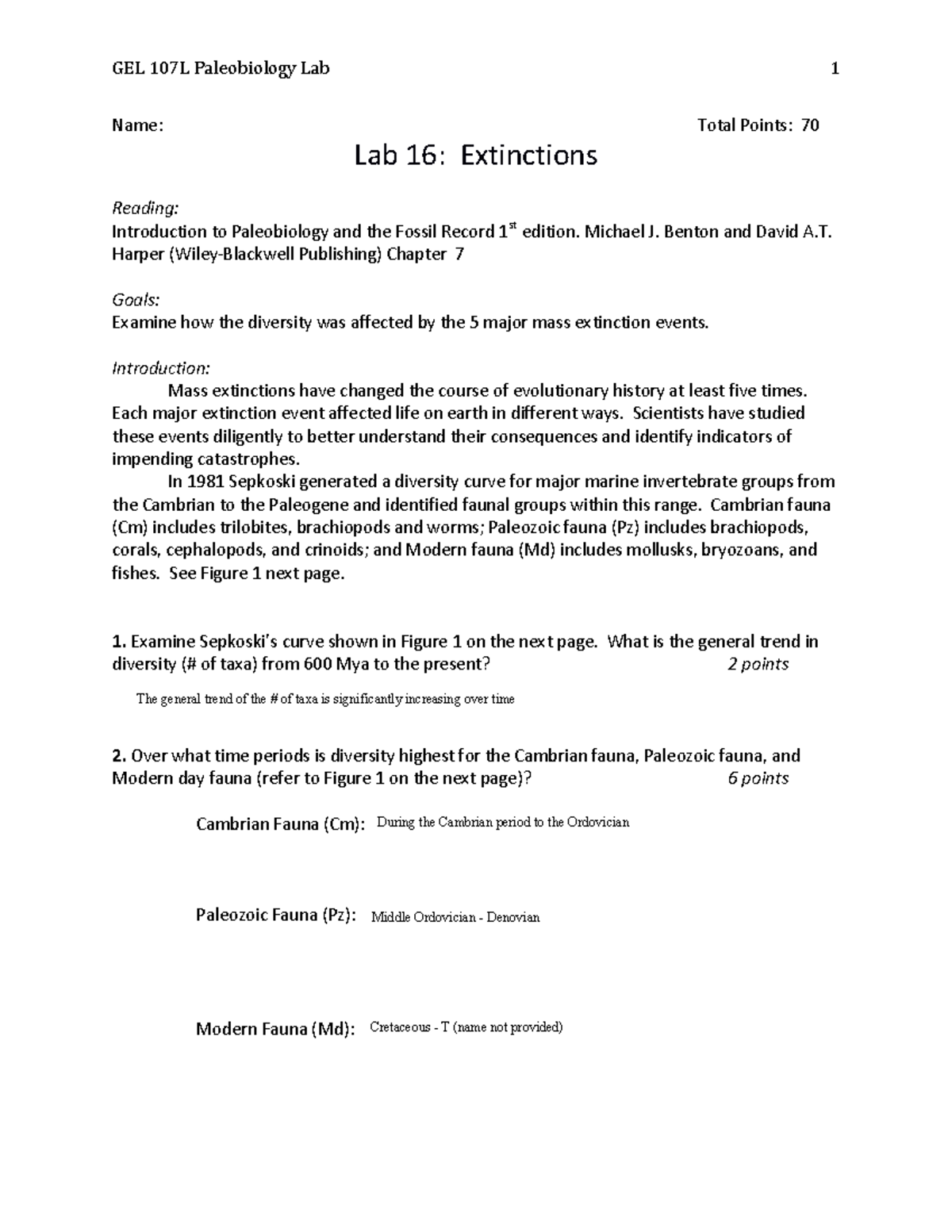 Lab 16 - Lab - Name: Total Points: 70 Lab 16: Extinctions Reading: Introduction to Paleobiology ...