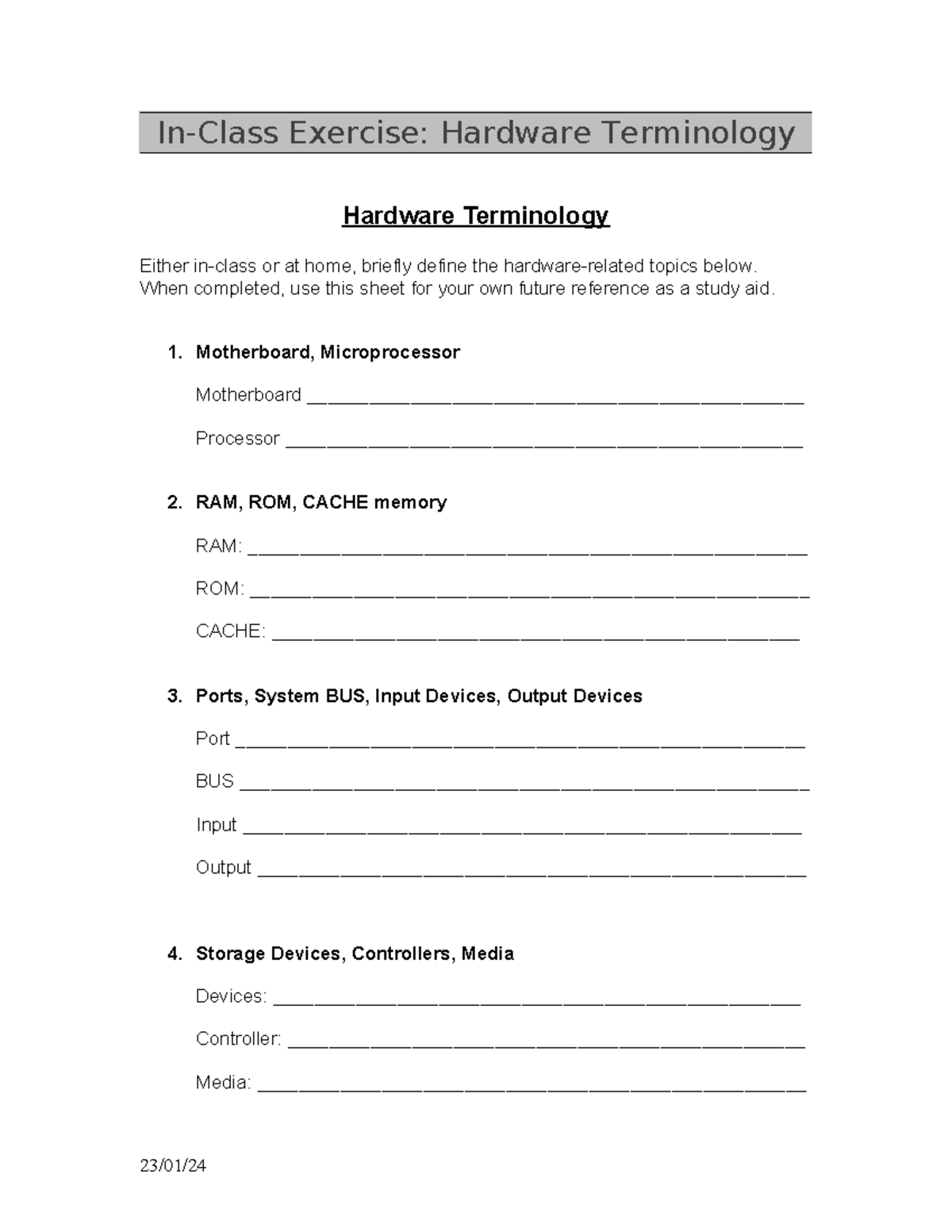 In-Class Exercise - Terminology - In-Class Exercise: Hardware Terminology Hardware Terminology ...