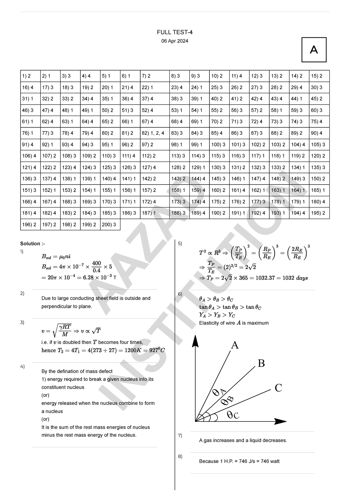 FULL TEST-4 SET A Solution - FULL TEST- 06 Apr 2024 1) 2 2) 1 3) 3 4) 4 ...