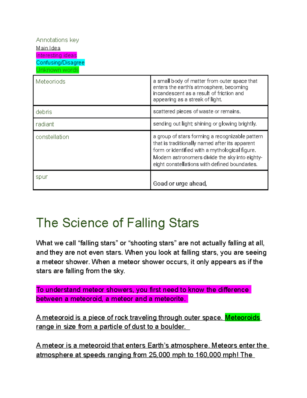 Science of Falling Stars (HS reading level) - Annotations key Main Idea ...