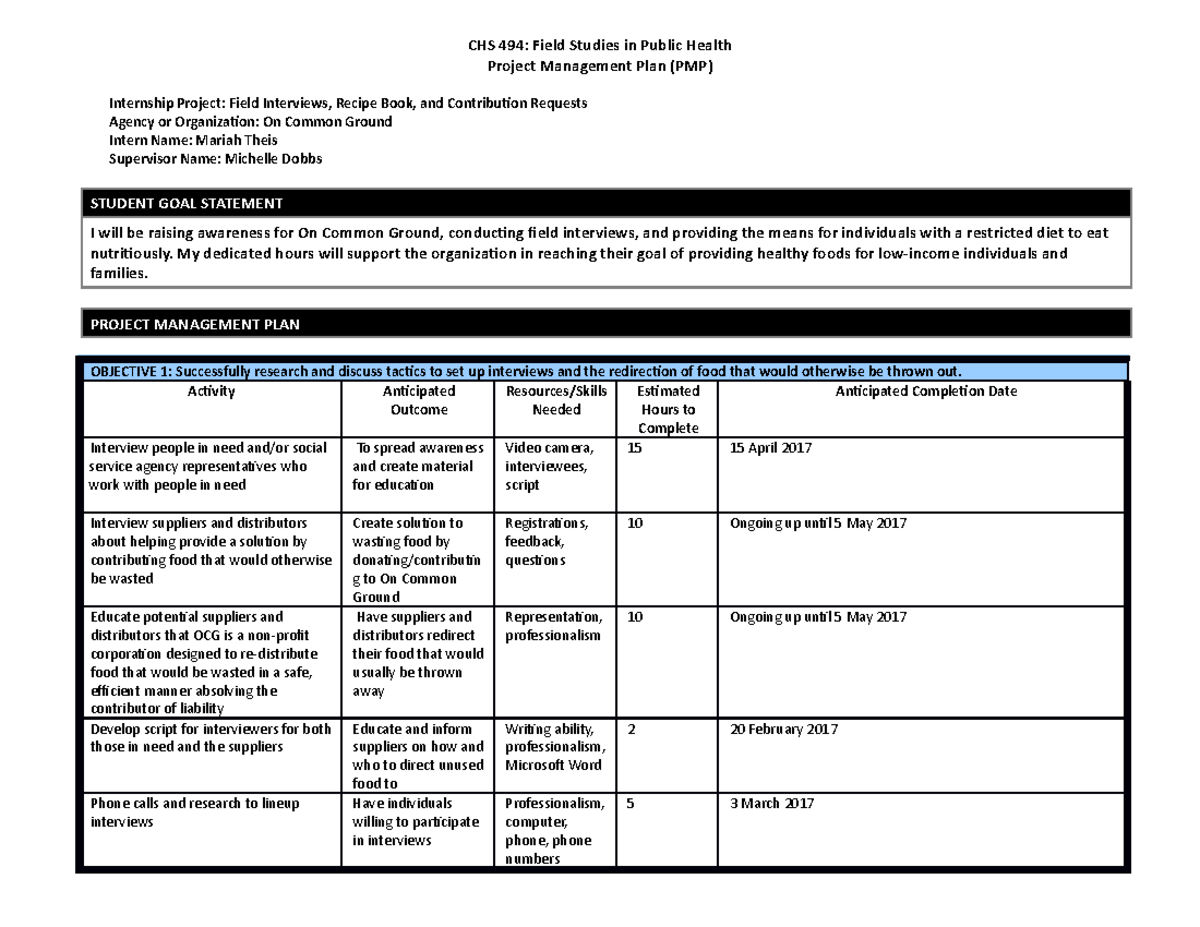 PMP - Project management plan - CHS 494: Field Studies in Public Health ...