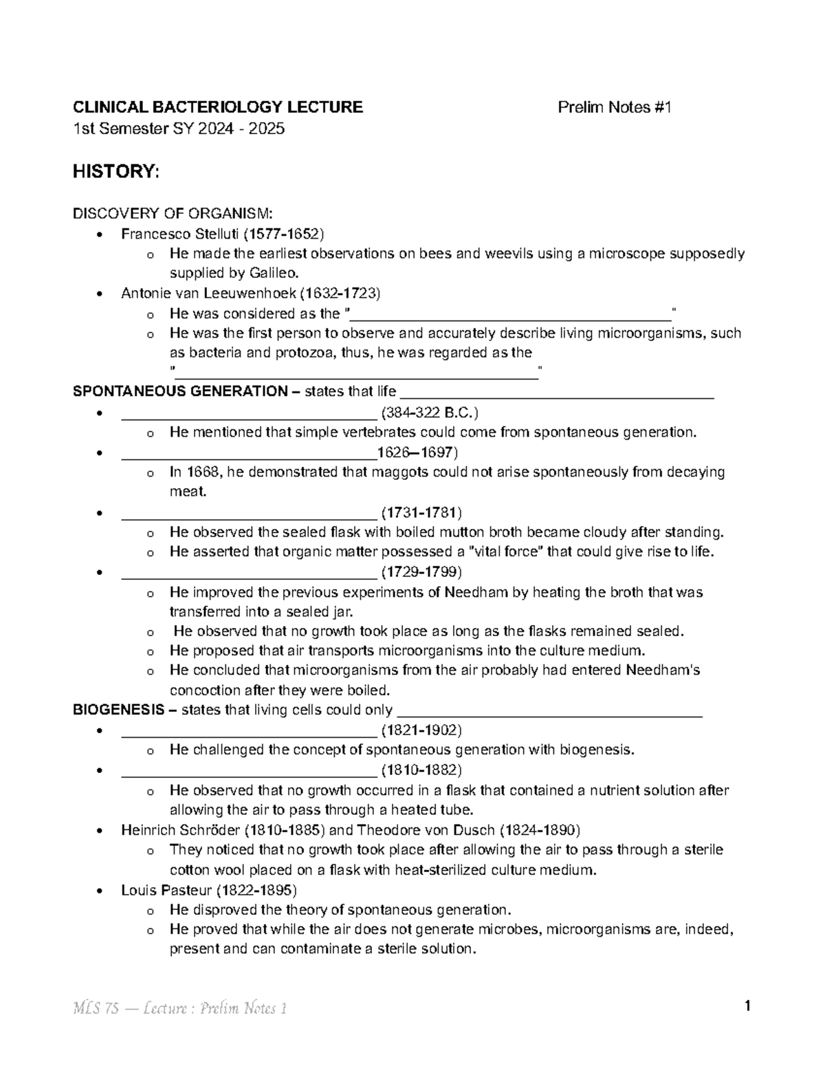 Prelim 1 Notes student copy - CLINICAL BACTERIOLOGY LECTURE Prelim ...