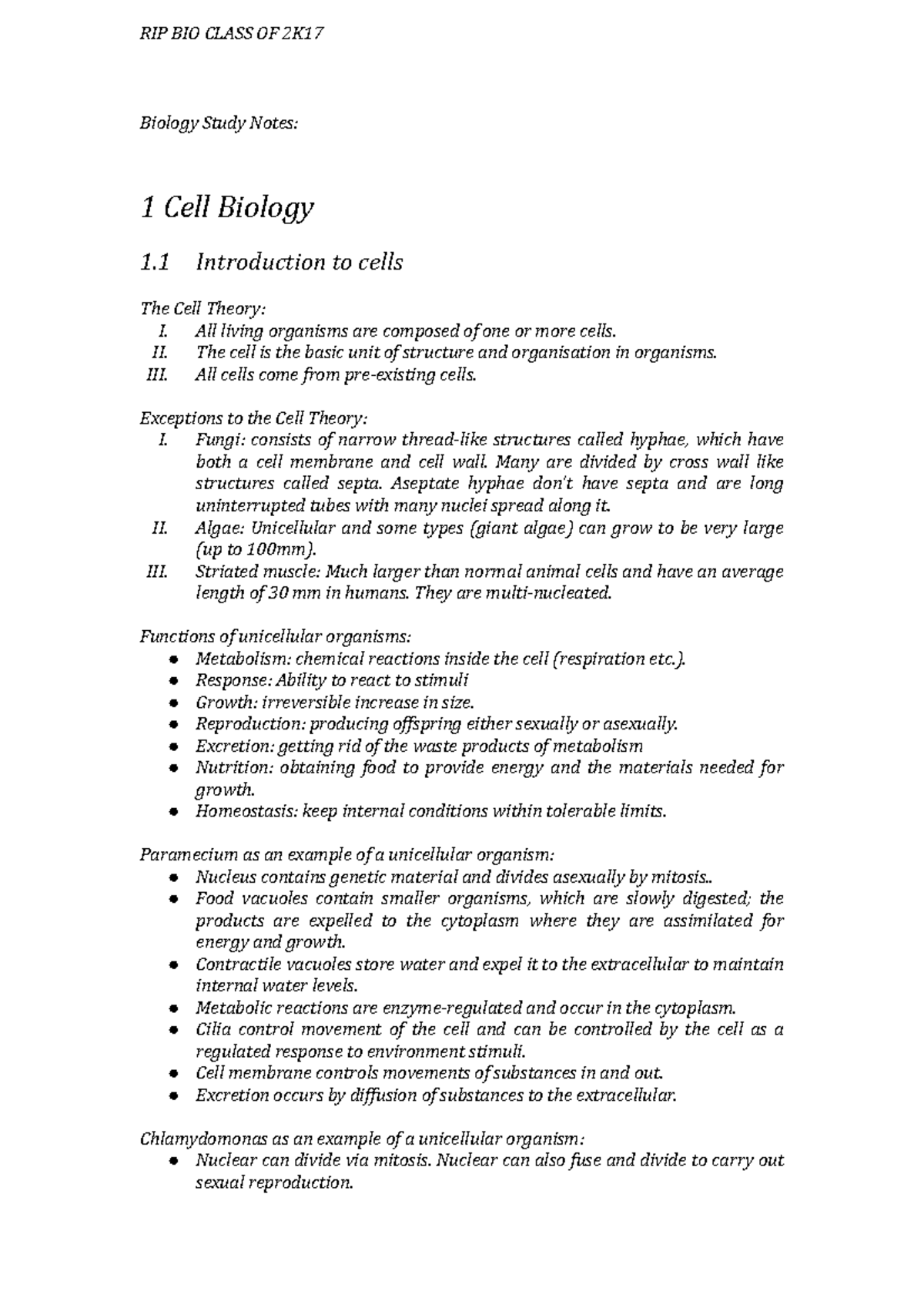 Updated Bio Study Notes - Biology Study Notes: 1 Cell Biology 1 ...