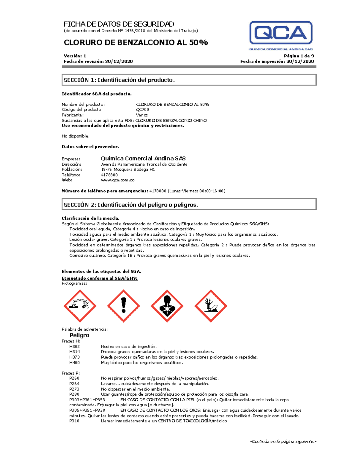 Hoja seguridad cloruro de benzalconio - FICHA DE DATOS DE SEGURIDAD (de ...
