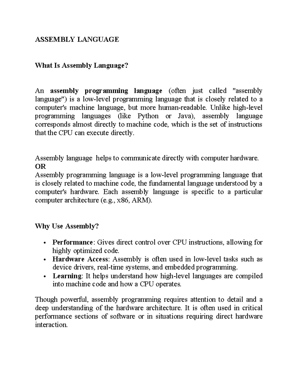 Introduction to assemby programming - ASSEMBLY LANGUAGE What Is ...