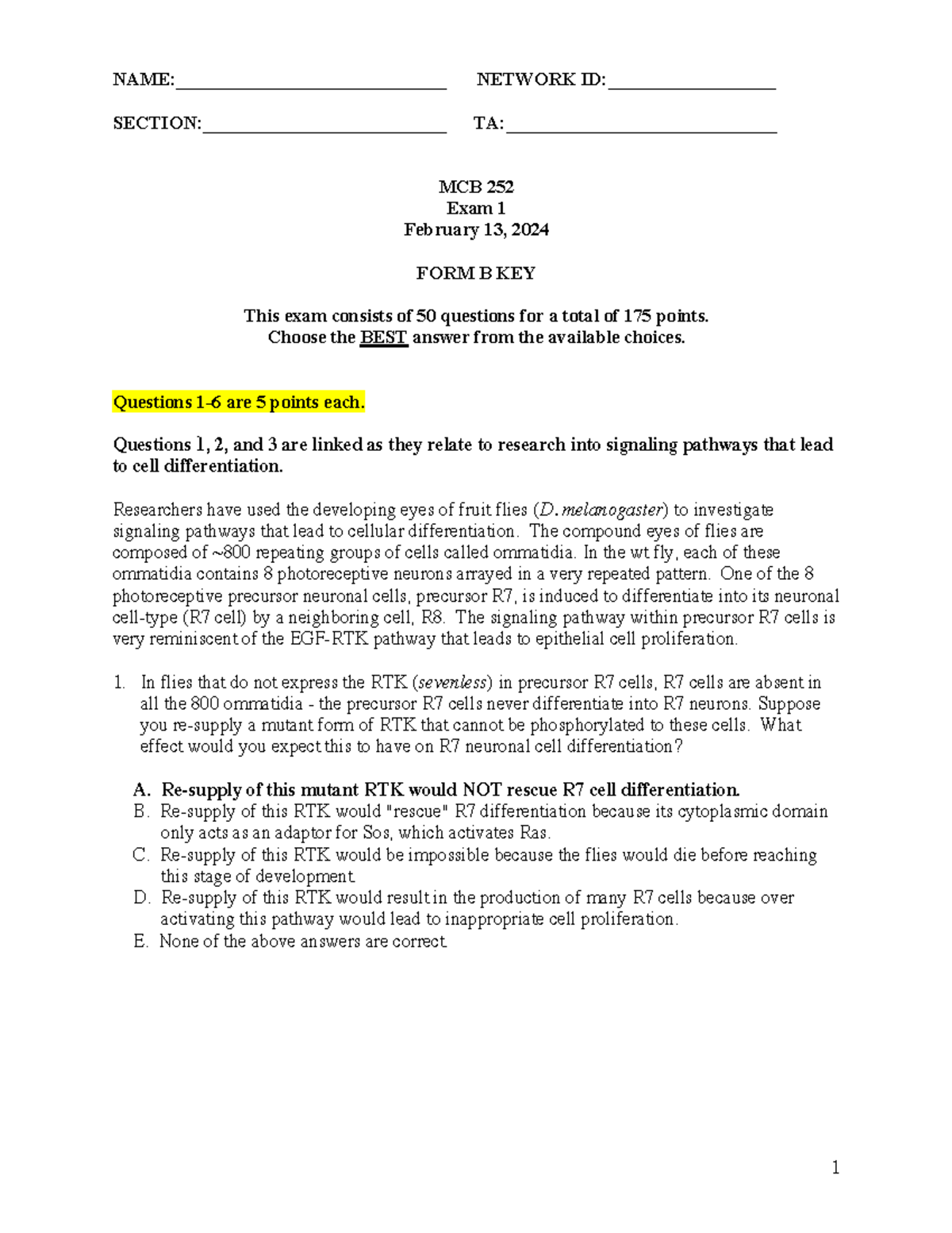 EXAM 1 FORM B KEY - exam key - NAME ...