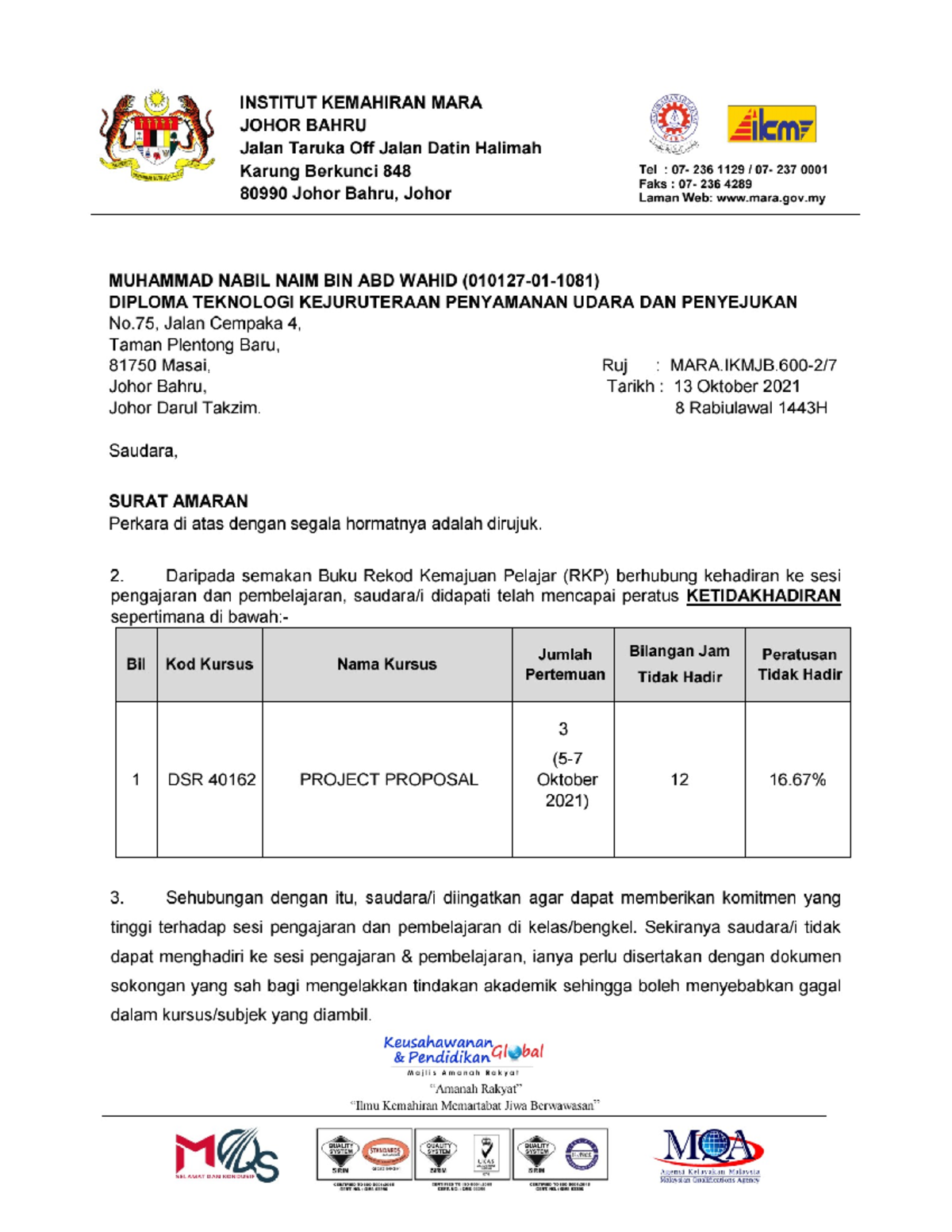 Surat Amaran 1 nabil - warning letter - penyaman udara - Studocu