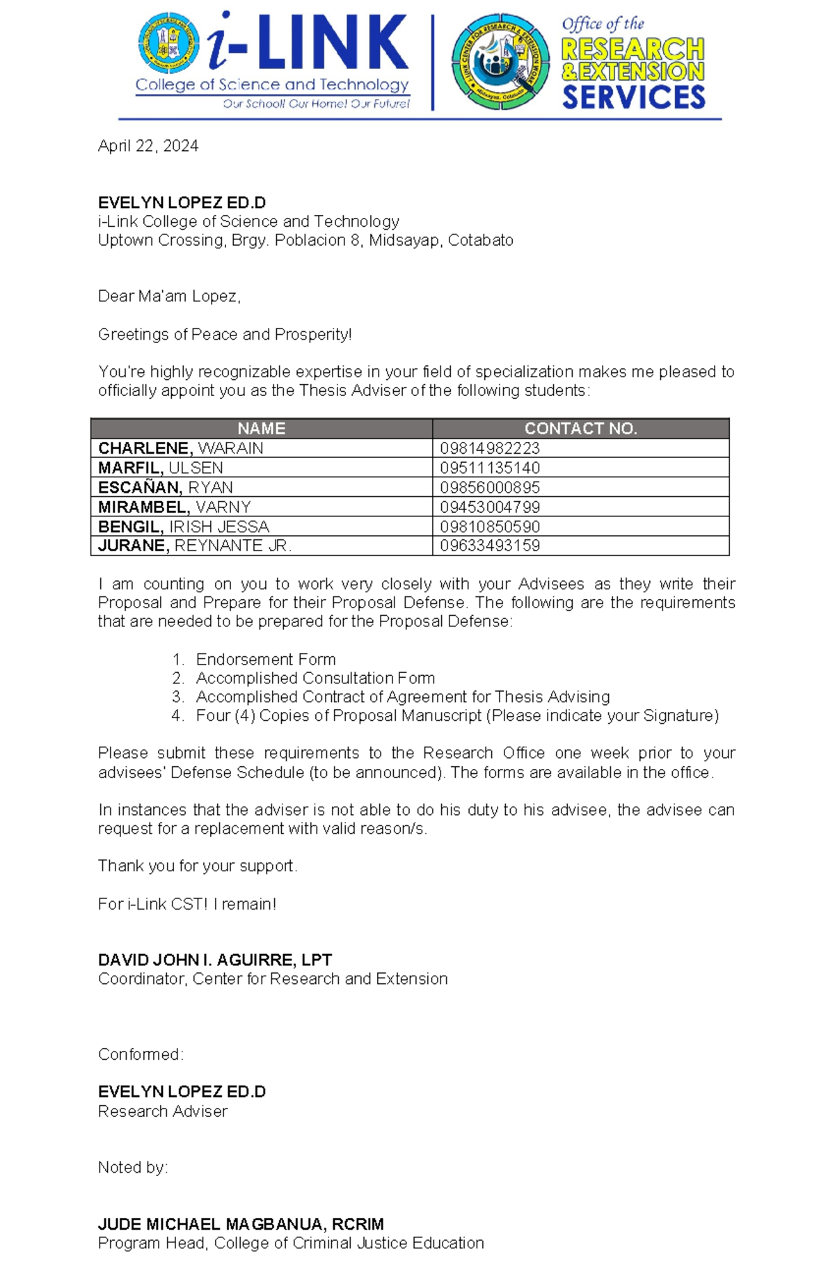 Letter-to-adviser- Warain - April 22 , 202 4 EVELYN LOPEZ ED i-Link ...
