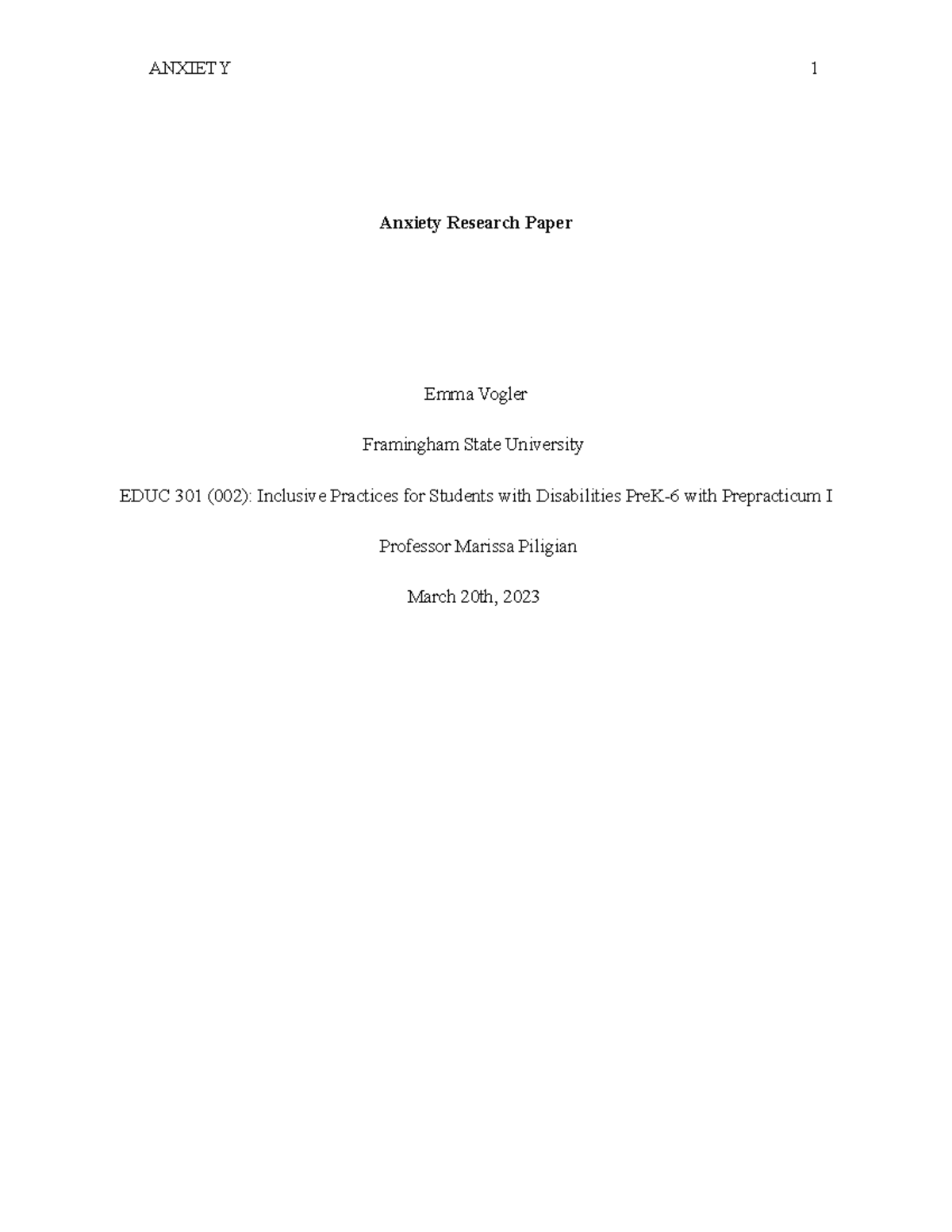 Final research paper draft - Anxiety Research Paper Emma Vogler ...