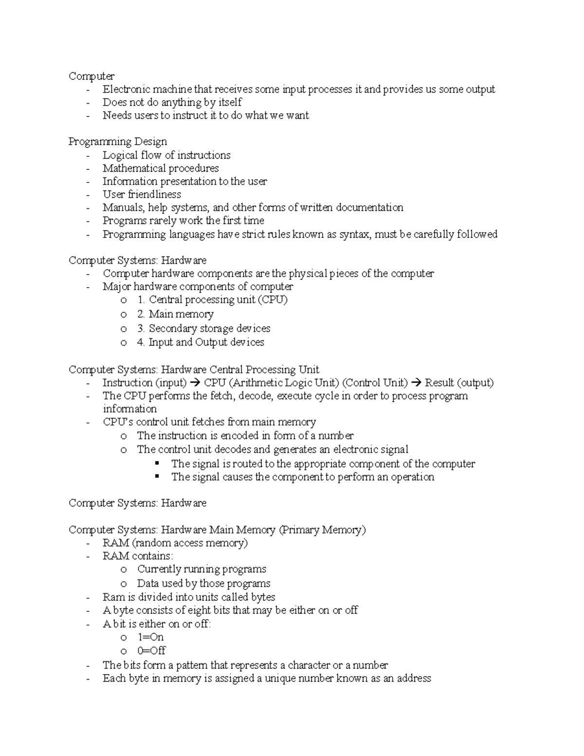 Lecture 1 Notes - Computer - Electronic machine that receives some ...