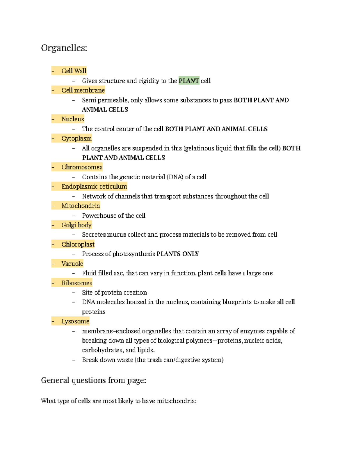 Bio Unit Quiz Study sheet - Organelles: Cell Wall Gives structure and ...