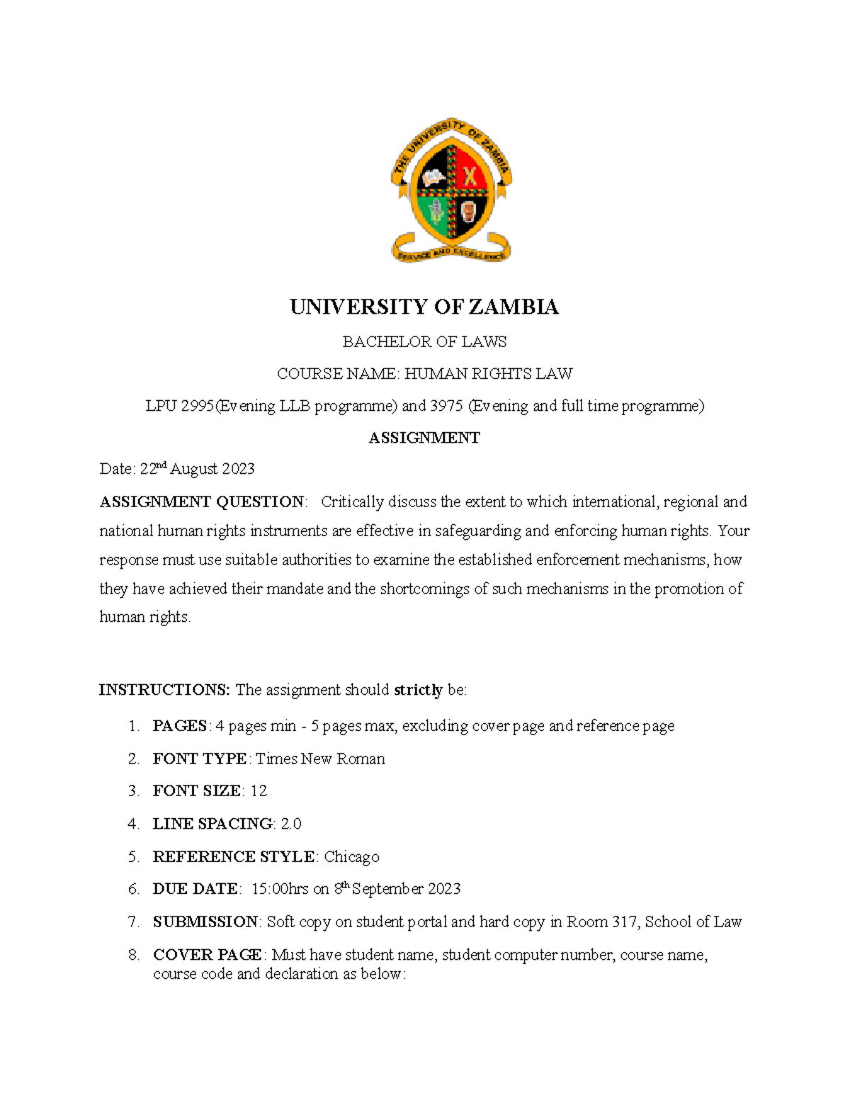 UNZA LPU 2995 evening -3975 Human Rights Assignment - UNIVERSITY OF ...