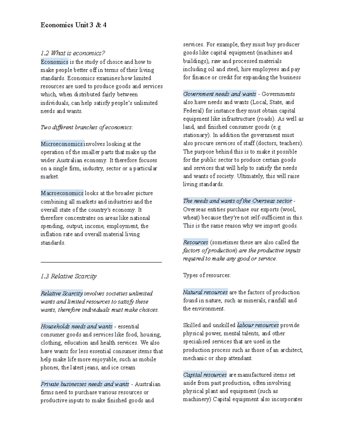 Economics Unit 3 & 4 - Summary notes - 1 What is economics? Economics ...